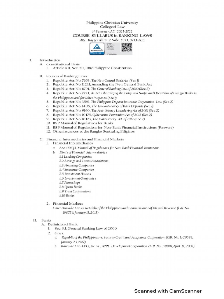 COURSE SYLLABUS in BANKING LAWS | PDF
