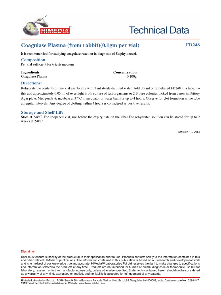 Coagulase Plasma (From Rabbit) (0.1gm Per Vial) : Composition | PDF