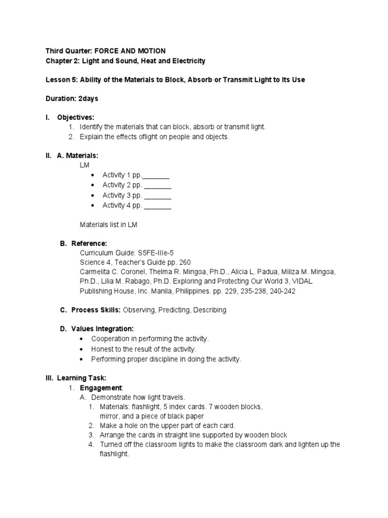 Grade 5 TG Science Q3 Week 5 | PDF | Light | Optics