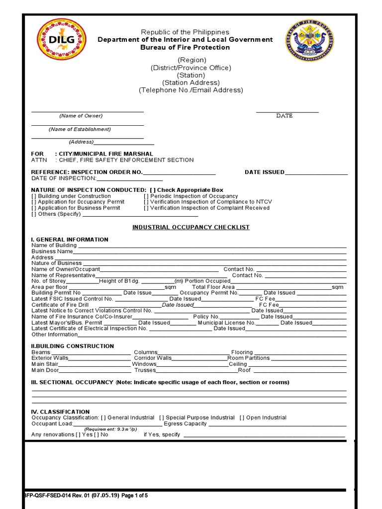 BFP Industrial Occupancy Inspection Checklist | PDF | Door | Fire Safety