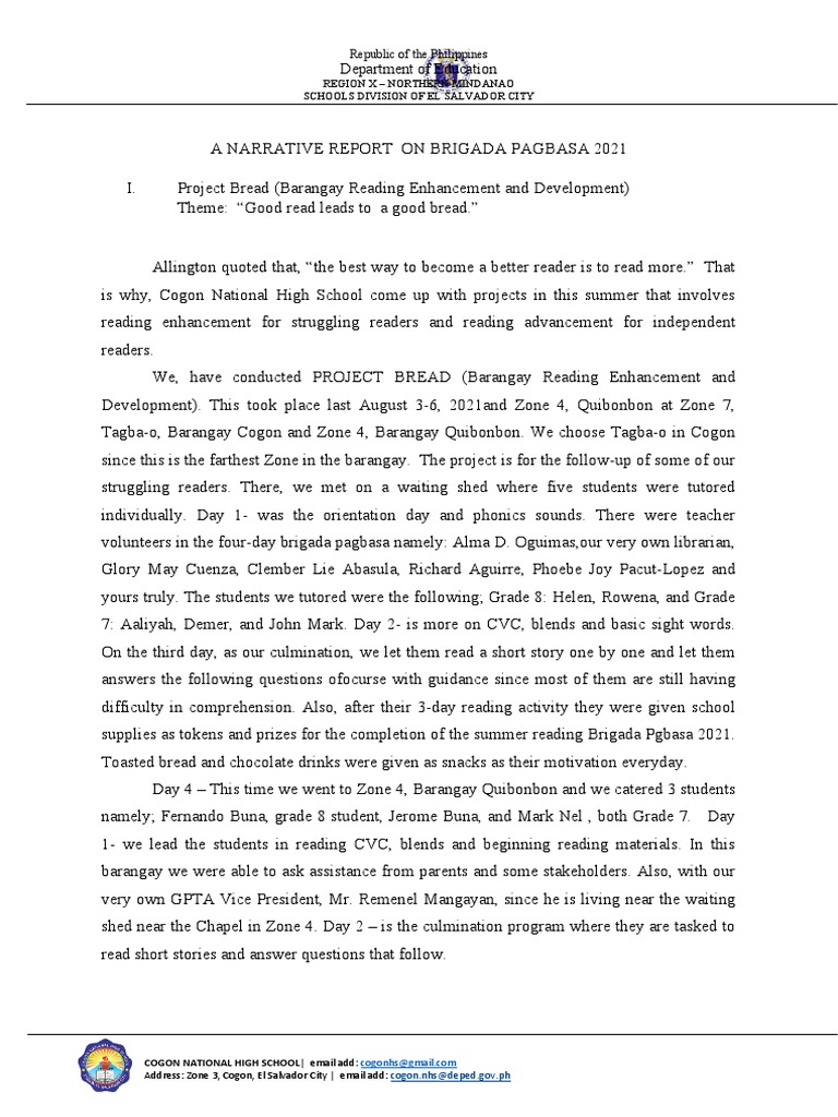 Narrative Report Brigada Pabasa | PDF | Teaching | Pedagogy