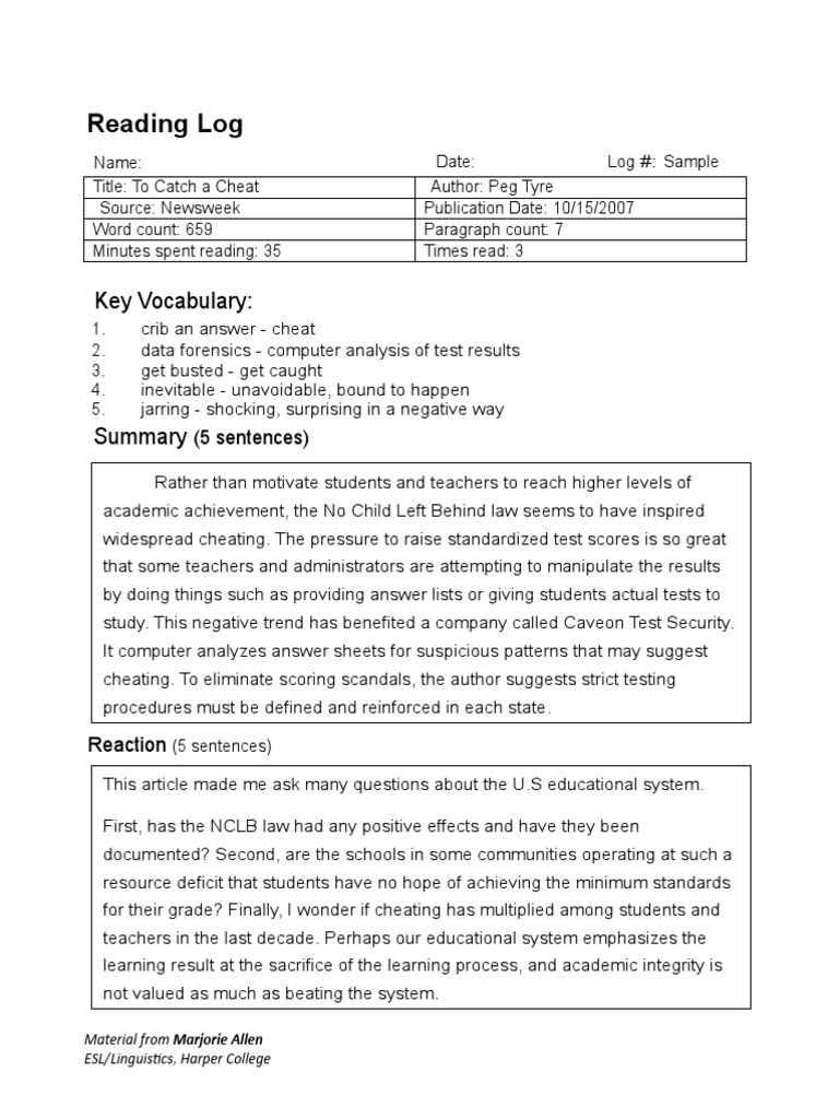 Reading Log Example | PDF