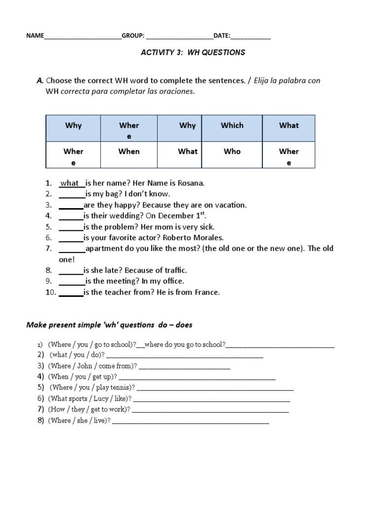 WH Questions Worksheet for Grades 2-3 | PDF | Linguistic Morphology ...