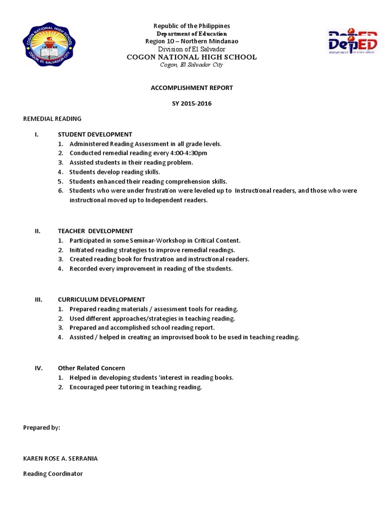 Accomplishment Report in Reading SBM | PDF | Reading Comprehension ...