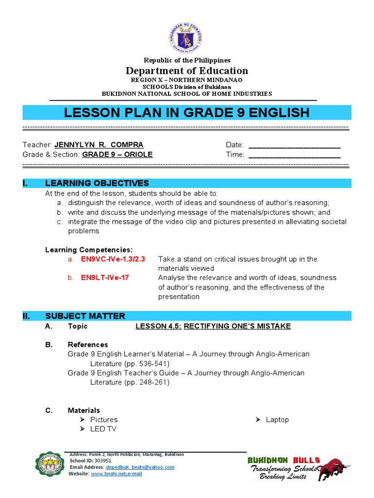 Classroom Observation Lesson 4.5sy2020 2021 | PDF | Lesson Plan ...