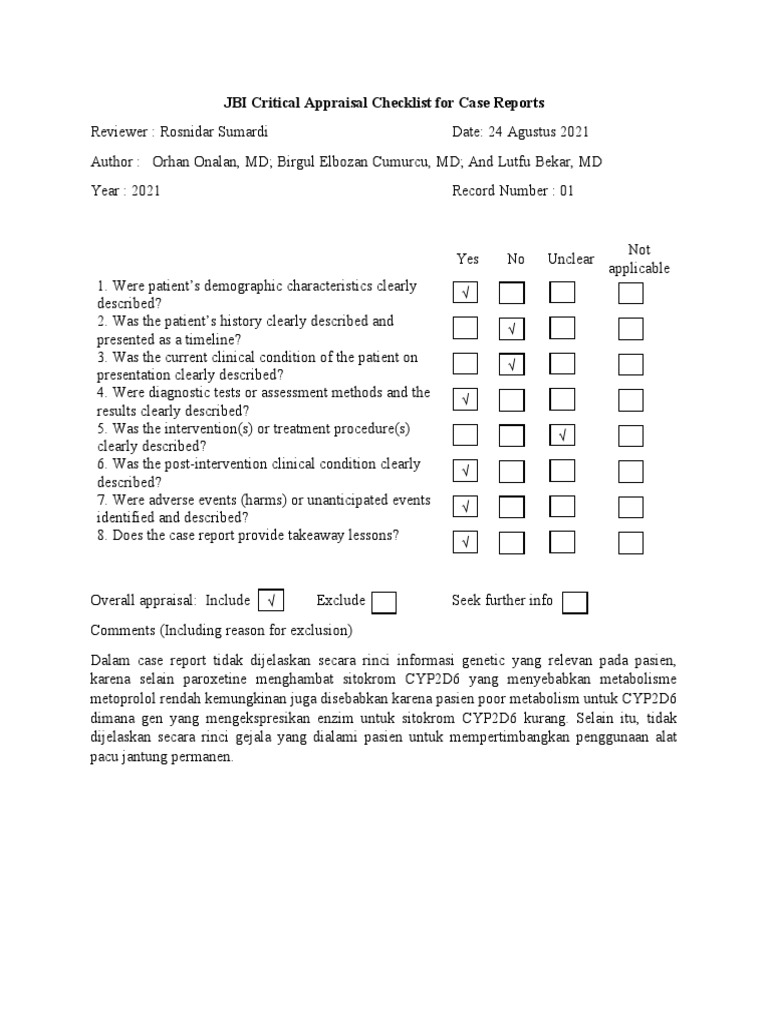Tugas JBI Critical Appraisal Checklist For Case Reports | PDF