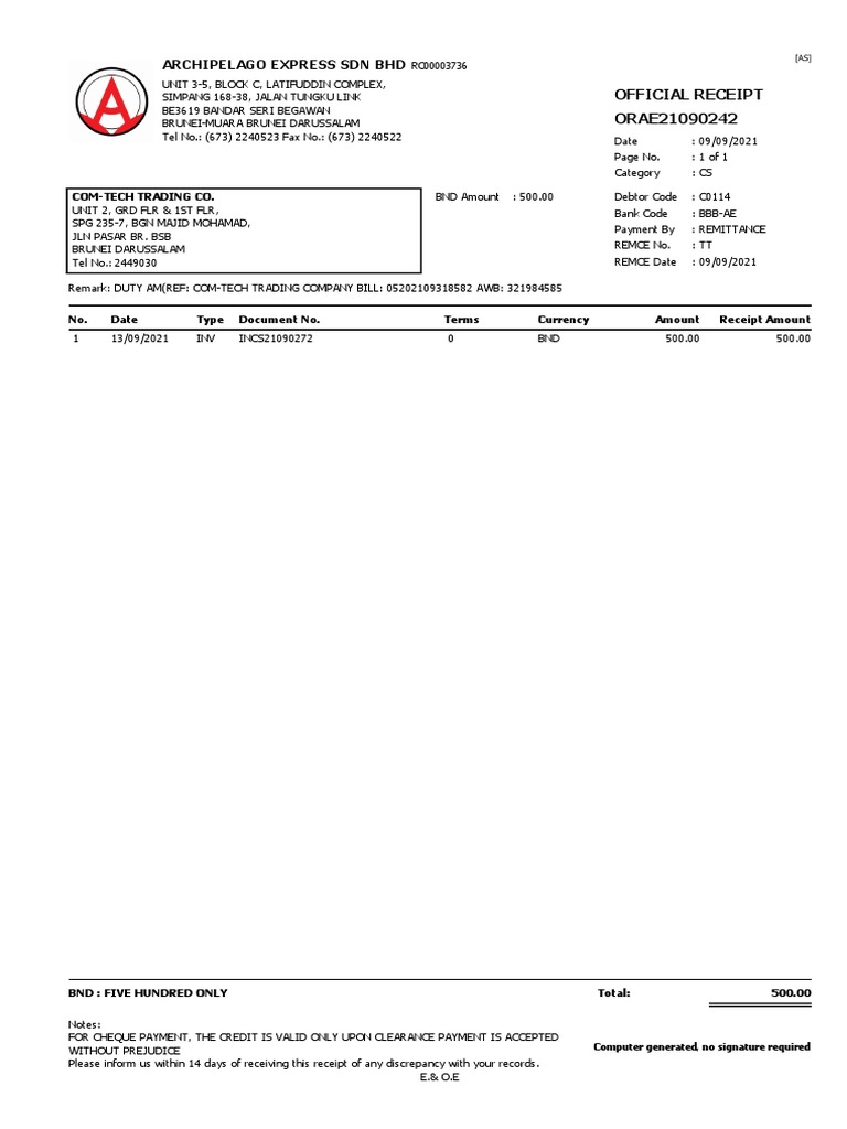 Archipelago Express SDN BHD: Official Receipt ORAE21090242 | PDF ...