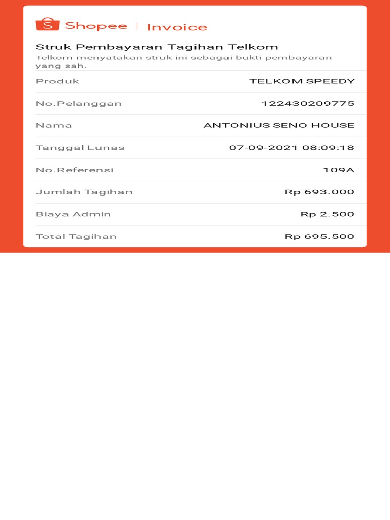 Invoice: Struk Pembayaran Tagihan Telkom | PDF