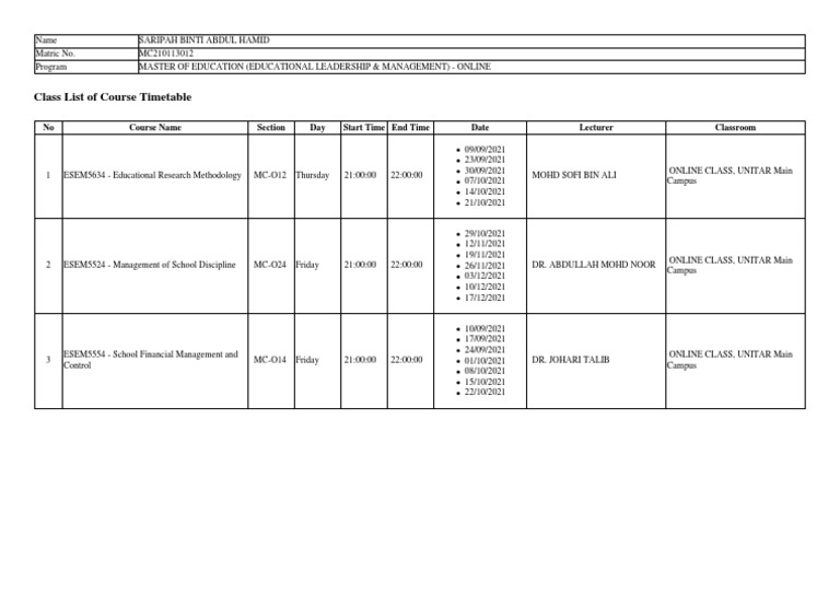 Class List Of Course Timetable No Course Name Section Day Start Time