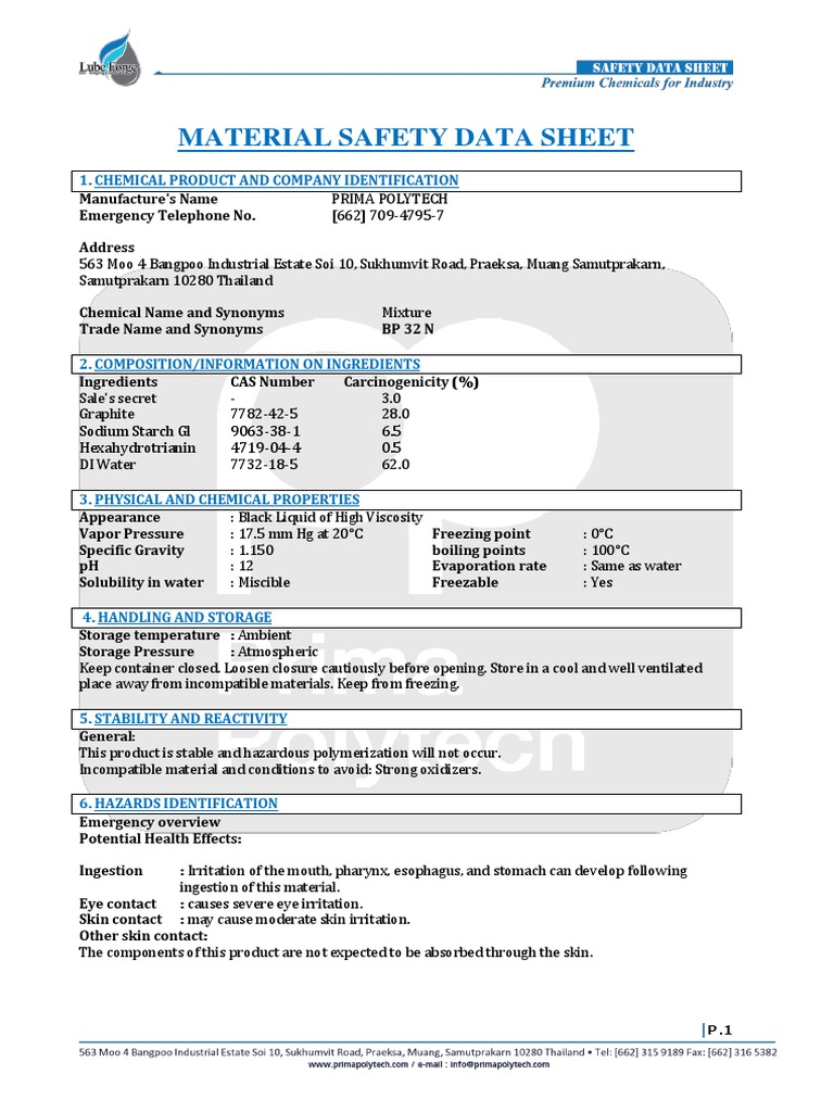 Material Safety Data Sheet: 1. Chemical Product and Company ...