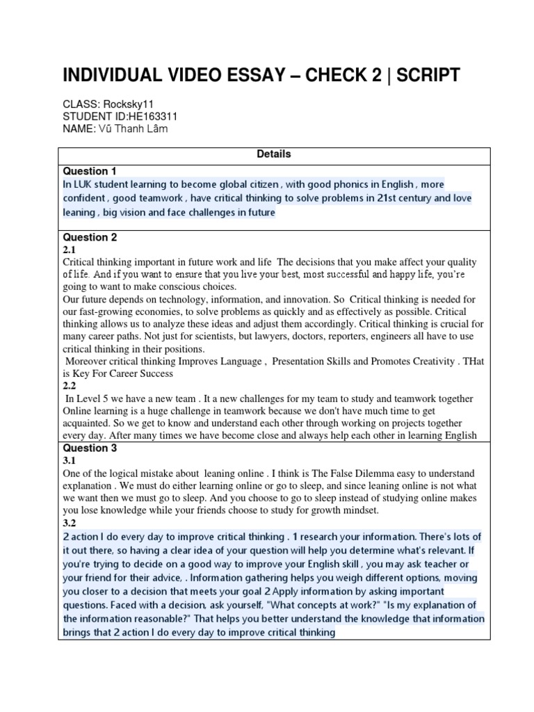 Individual Video Essay - Check 2 - Script: Details | PDF | Critical ...