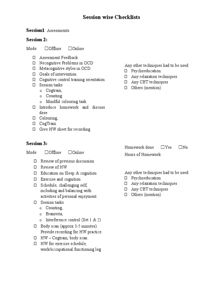 Session Wise Checklists | PDF | Cognitive Behavioral Therapy | Time ...