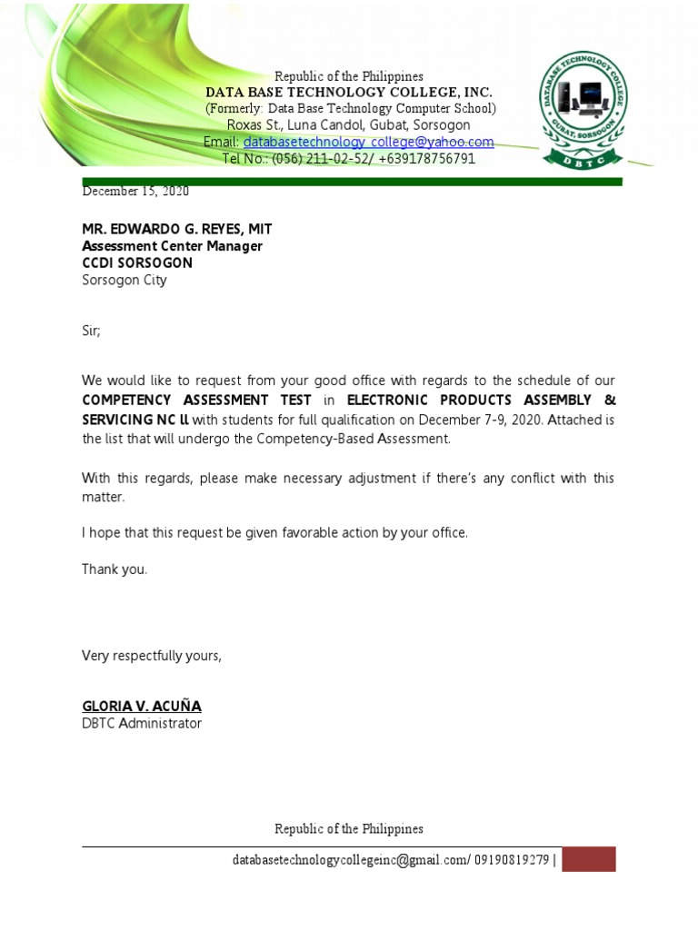 Assessment Letter PESFA EPAS | PDF