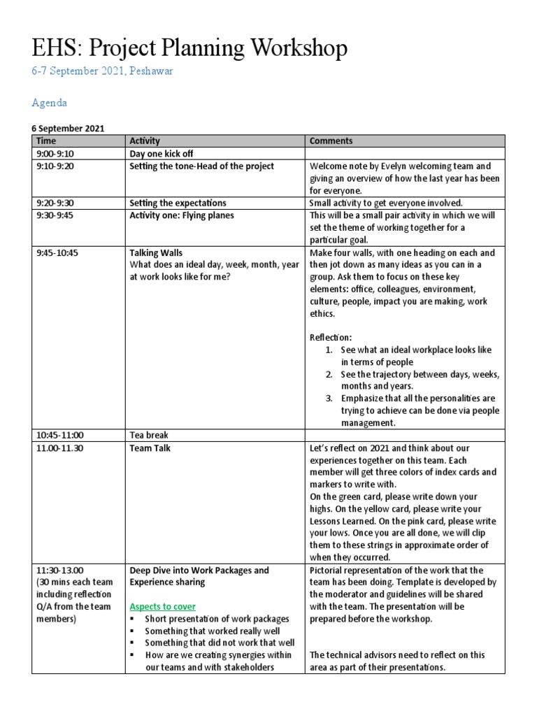 EHS Project Planning Workshop Agenda | PDF | Career & Growth