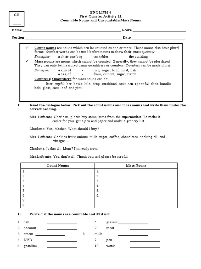 ENGLISH 4 Activity 11 Count Nouns and Mass Nouns | PDF | Noun ...