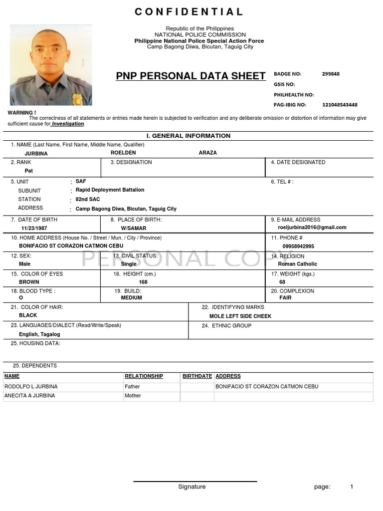 PNP Personal Data Sheet | PDF | Philippines