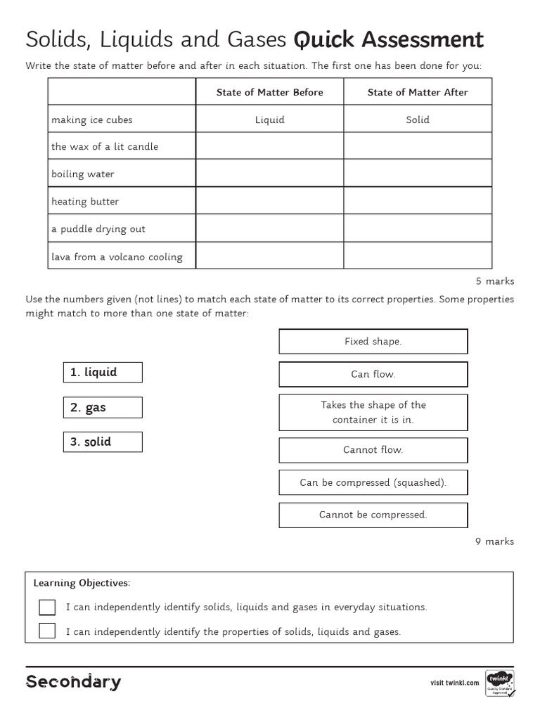 Solids, Liquids and Gases Quick Assessment: State of Matter Before ...