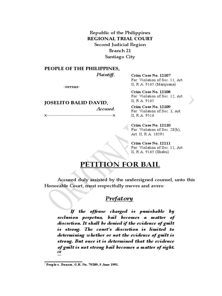 Petition For Bail: Regional Trial Court | PDF | Bail | Government