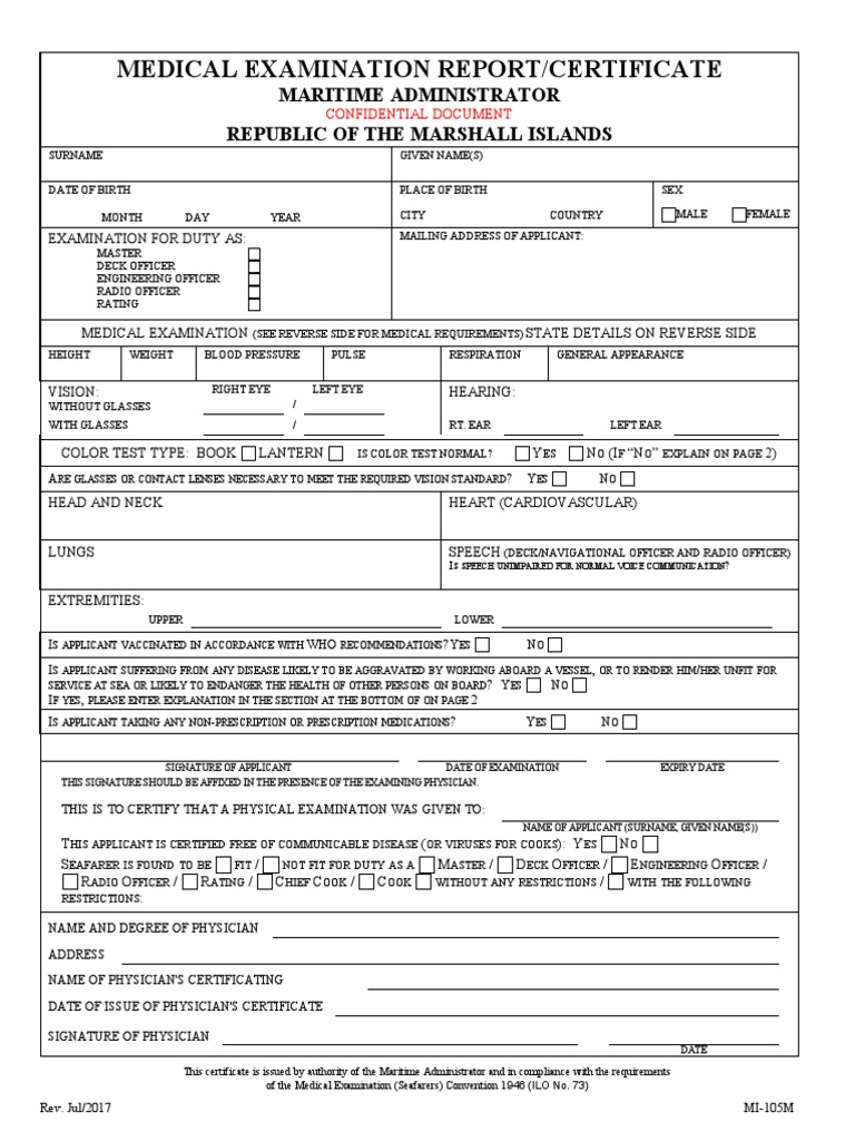 Medical Examination Report/Certificate: Maritime Administrator Republic ...