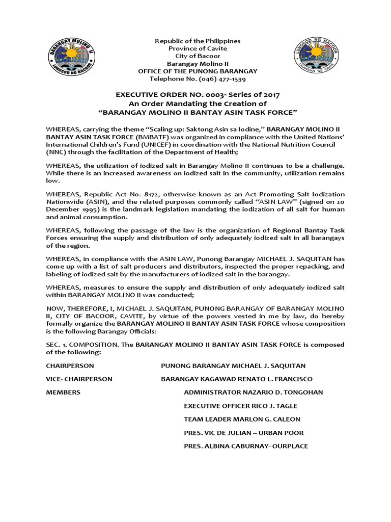 BNC E. O. On BANTAY ASIN TASK FORCE | PDF | Health Sciences | Health Care