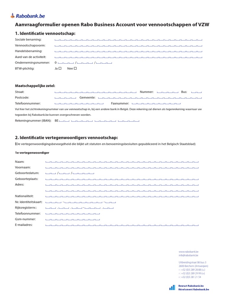 Aanvraagformulier Openen Rabo Business Account Voor Vennootschappen of ...