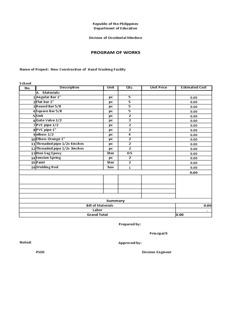 Program of Works Hand Washing FJMS | PDF | Pipe (Fluid Conveyance ...