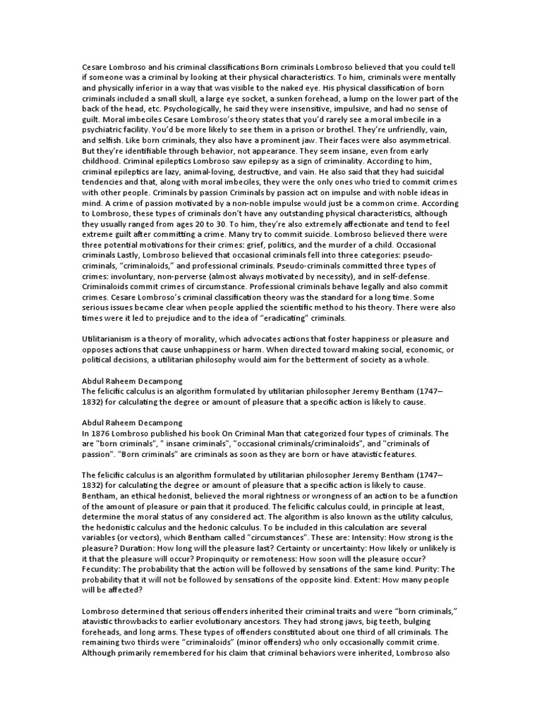 Lombroso's Criminal Classifications Explained | PDF | Utilitarianism ...
