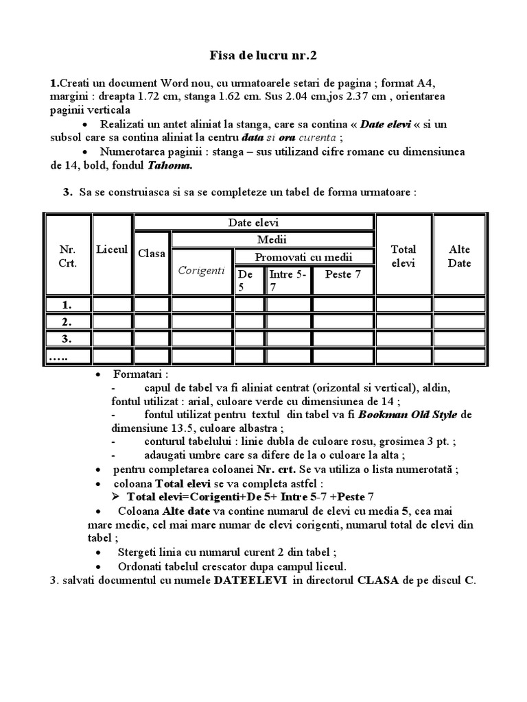 Fisa de Lucru TABELE | PDF