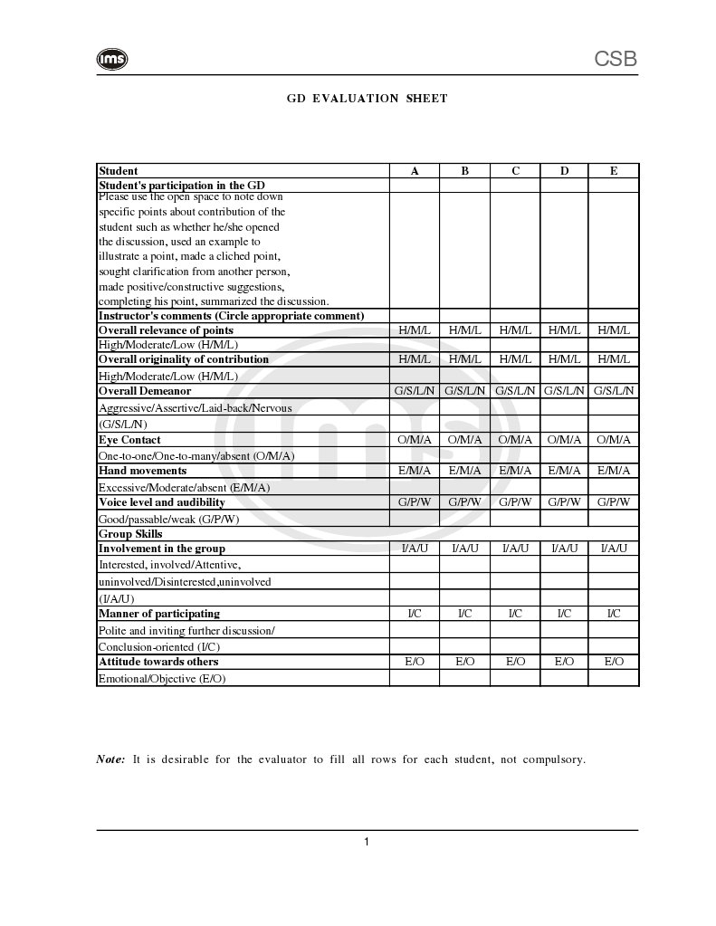 Group Discussion Evaluation Sheet | PDF | Behavior Modification ...