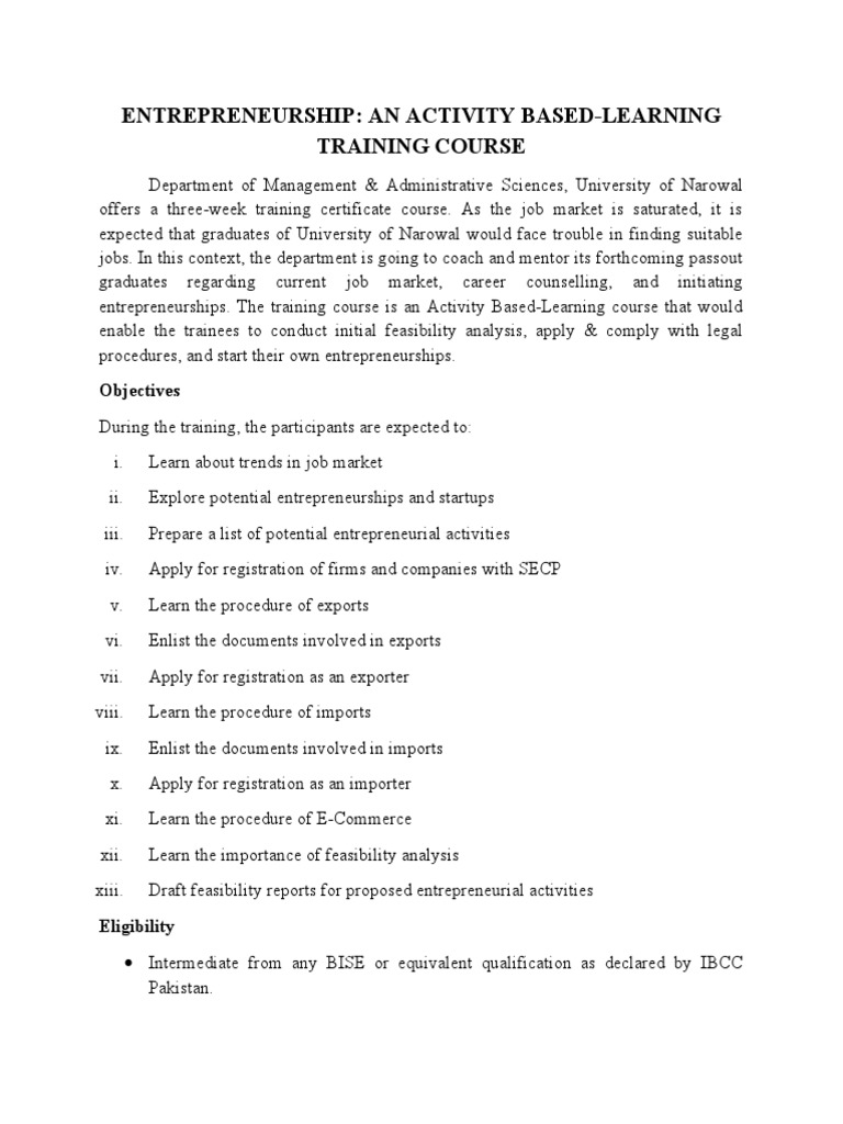 Entrepreneurship Training Course - Proposal | PDF | Entrepreneurship ...