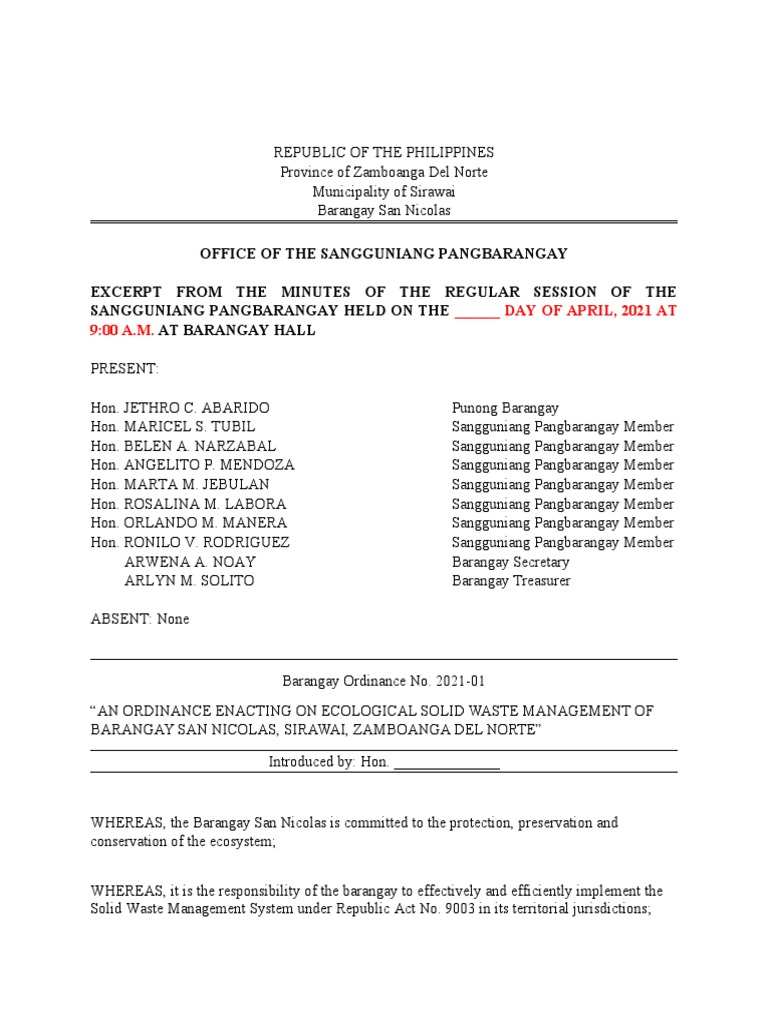 Barangay Ordinance No 2021-01, SAN NICOLAS Resolution | PDF | Municipal Solid Waste | Waste ...
