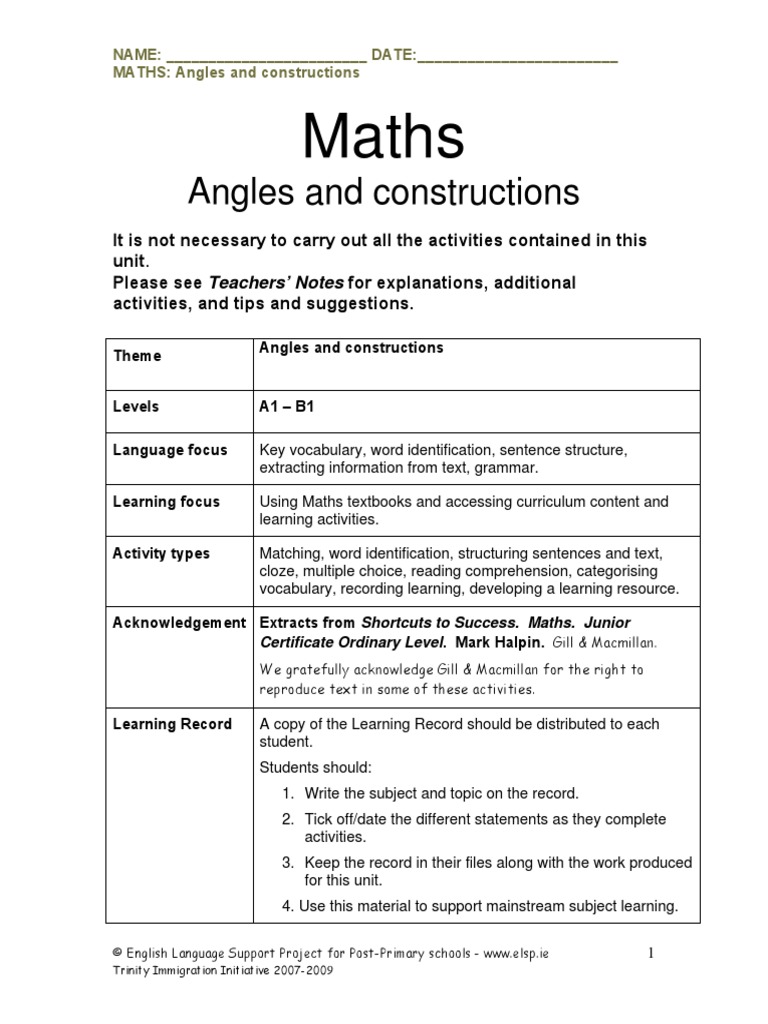 Maths Topic - Ordinary Level - Angles and Constructions | PDF ...