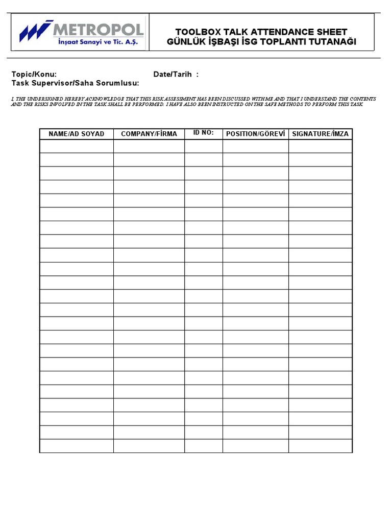 Toolbox Talk Attendance Sheet Günlük İşbaşi İsg Toplanti Tutanaği | PDF