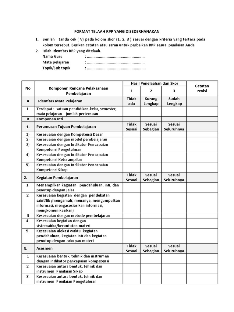 Evaluasi RPP: Panduan dan Skor | PDF