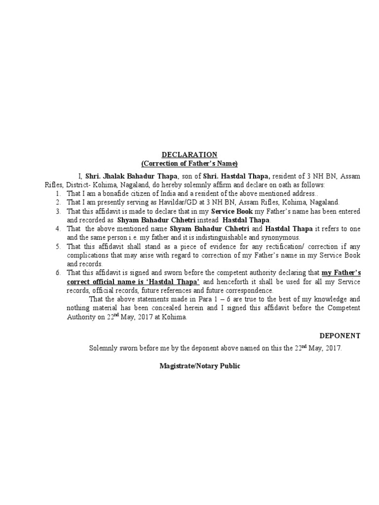 Declaration (Correction of Father's Name) | PDF | Affidavit | Common Law