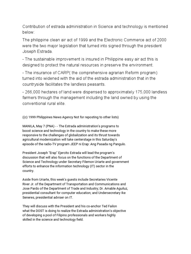 Contribution of Estrada Administration in Science and Technology Is ...