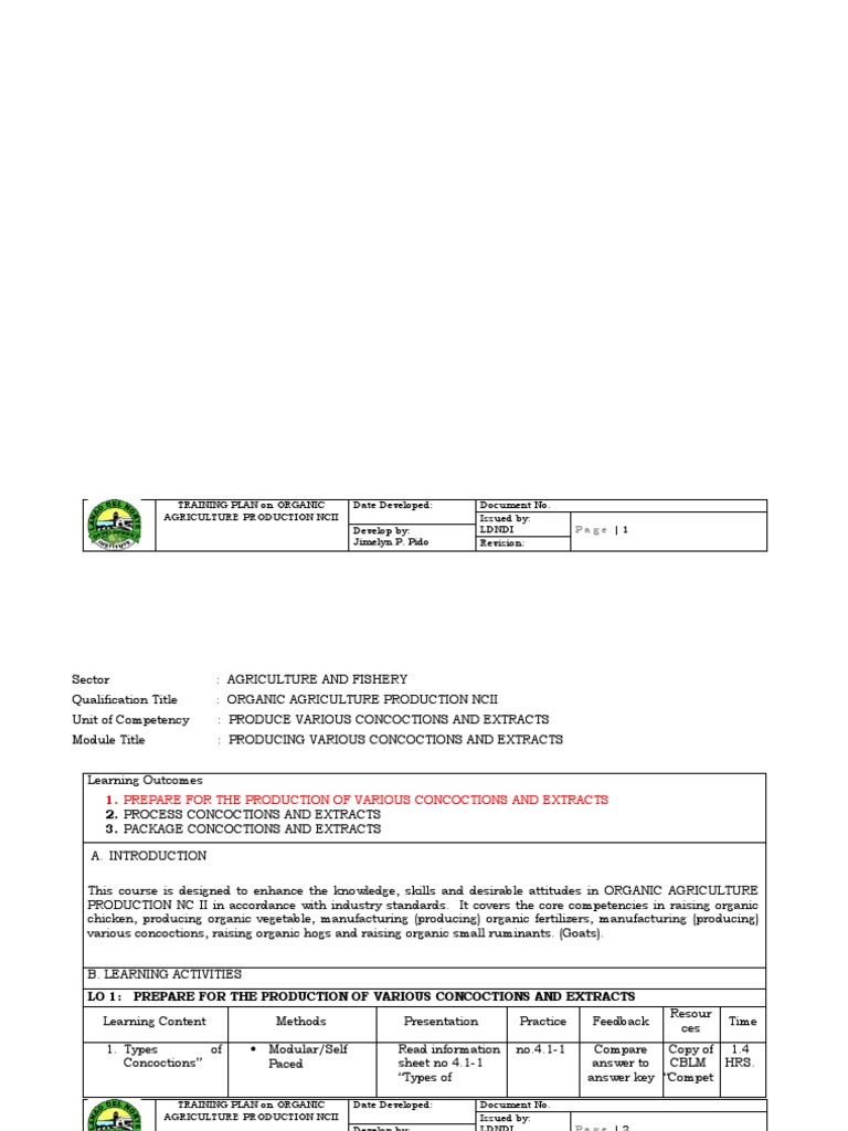 Training Plan On Organic Agriculture Production Ncii Date Developed ...