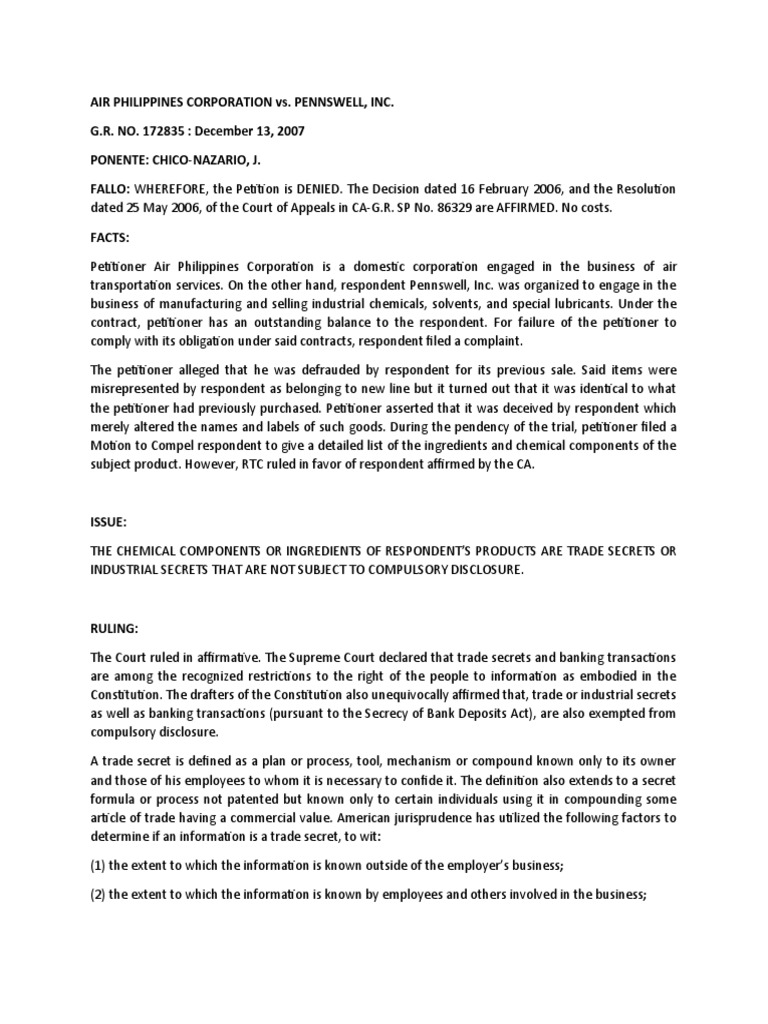AIR PHILIPPINES CORPORATION Vs PENNSWELL | PDF | Trade Secret ...