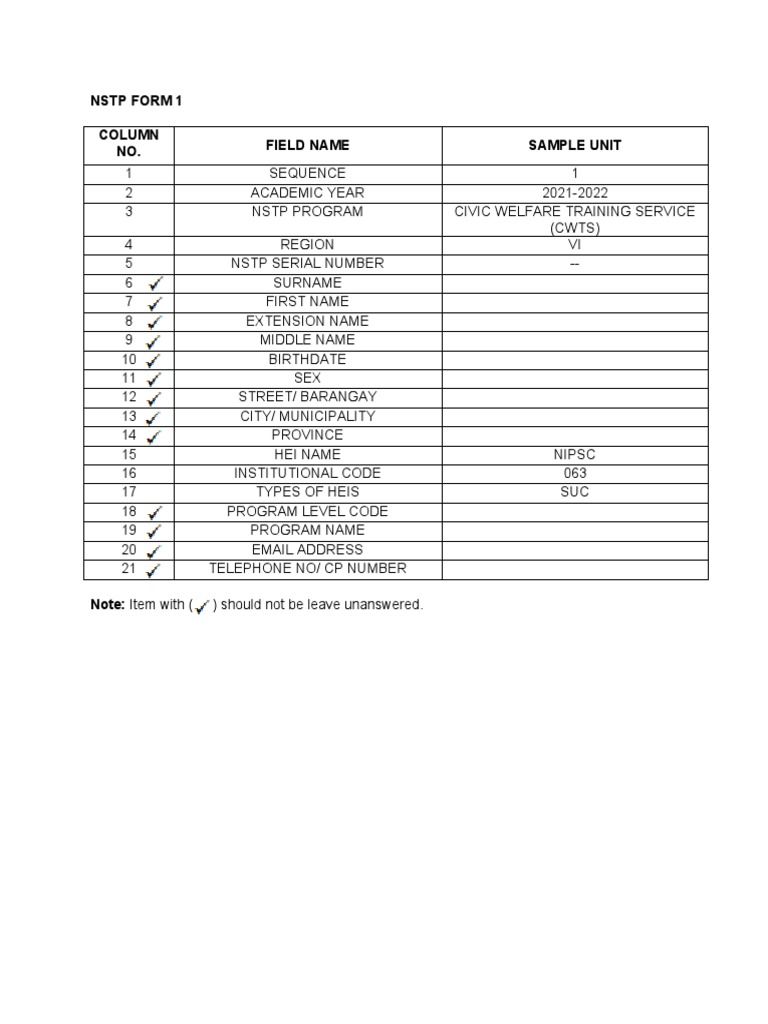 NSTP Form 1 Column NO. Field Name Sample Unit | PDF