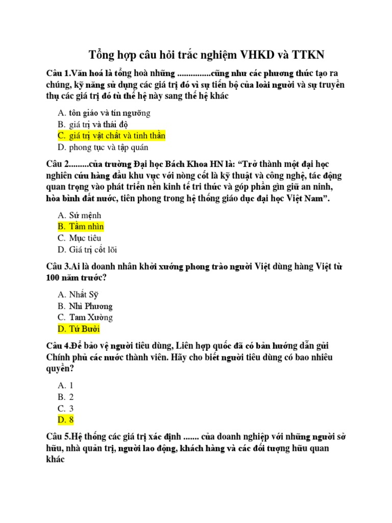 Tổng hợp câu hỏi trắc nghiệm VHKD và TTKN | PDF