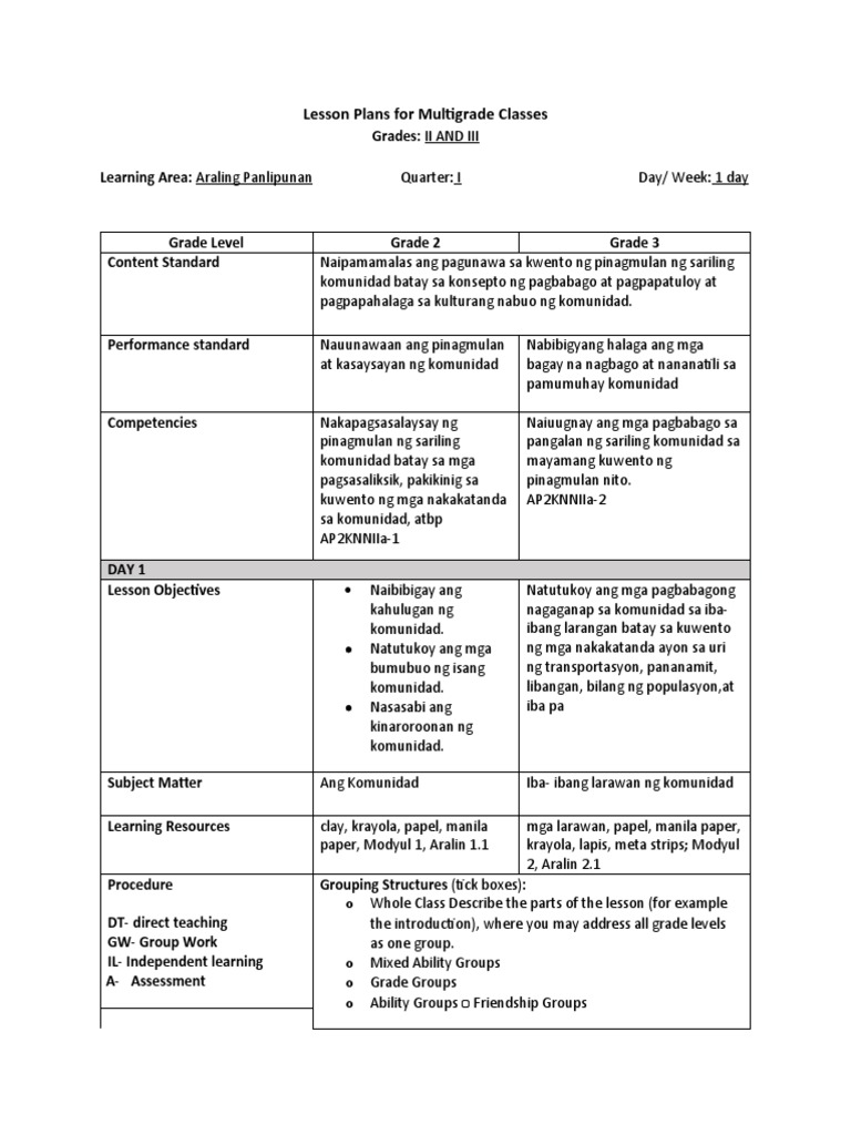 Lesson Plan For Multigrade Classes | PDF