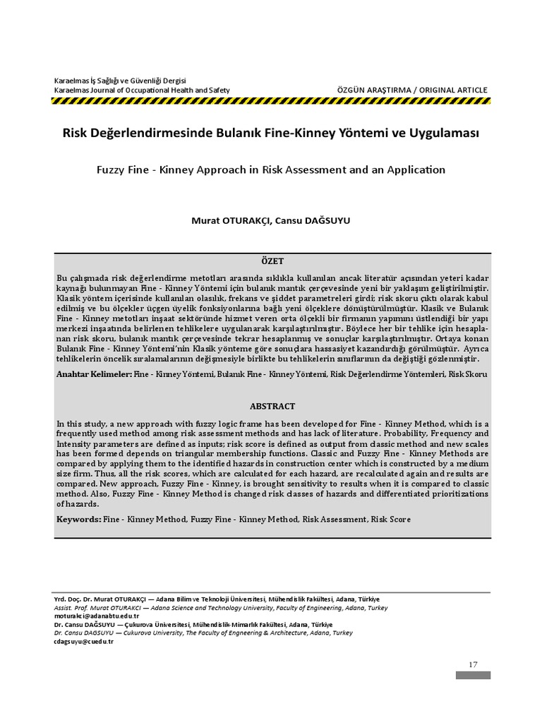 Risk Değerlendirmesinde Bulanık Fine‐Kinney Yöntemi ve Uygulaması | PDF