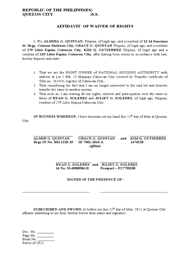 Affidavit of Waiver of Rights | PDF | Affidavit | Deed Affidavit of Waiver of Rights | PDF | Affidavit | Deed