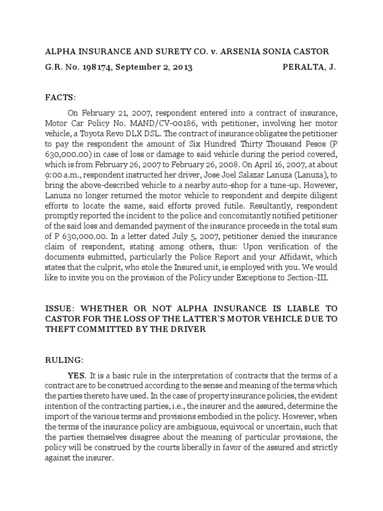ALPHA INSURANCE AND SURETY CO. v. ARSENIA SONIA CASTOR | PDF ...
