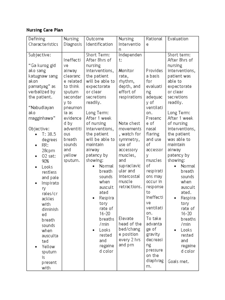 Nursing Care Plan For Pneumonia | PDF | Breathing | Medicine