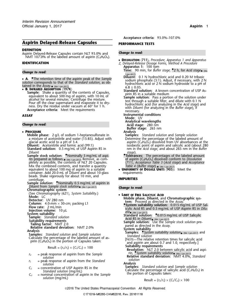 Aspirin Delayed-Release Capsules: Official January 1, 2017 | PDF | Buffer Solution | Aspirin