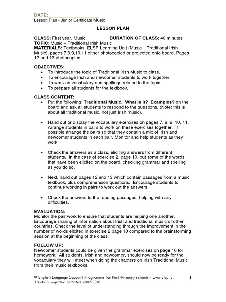 Traditional Irish Music Lesson Plan | PDF | Language Arts & Discipline ...