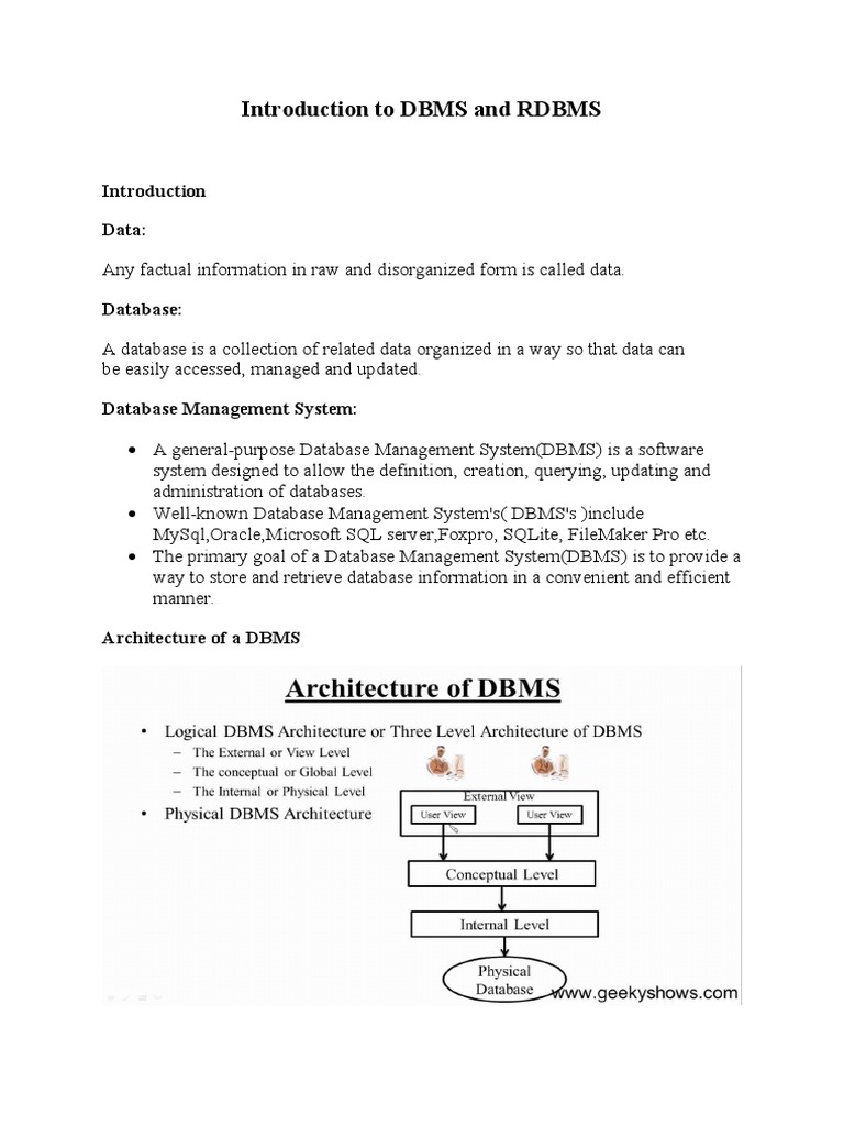 Introduction To DBMS and RDBMS: Data | PDF | Databases | Relational ...