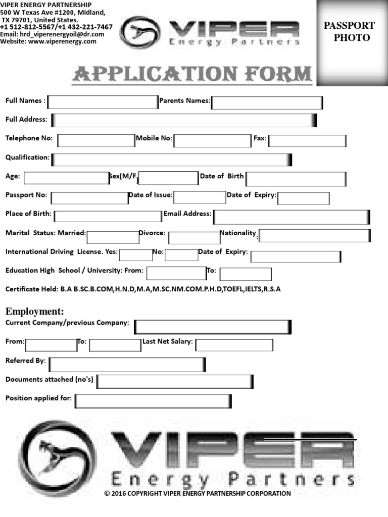 Viper Energy Application and Questionnaire Form | PDF