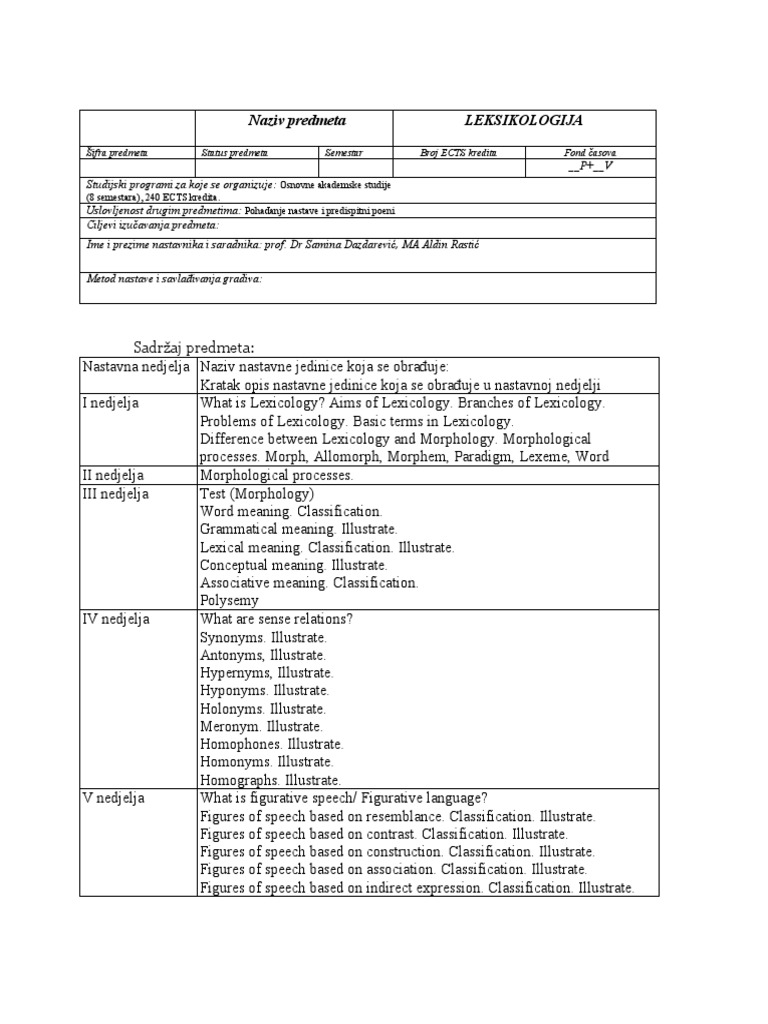 Naziv Predmeta Leksikologija: Šifra Predmeta Status Predmeta Semestar ...
